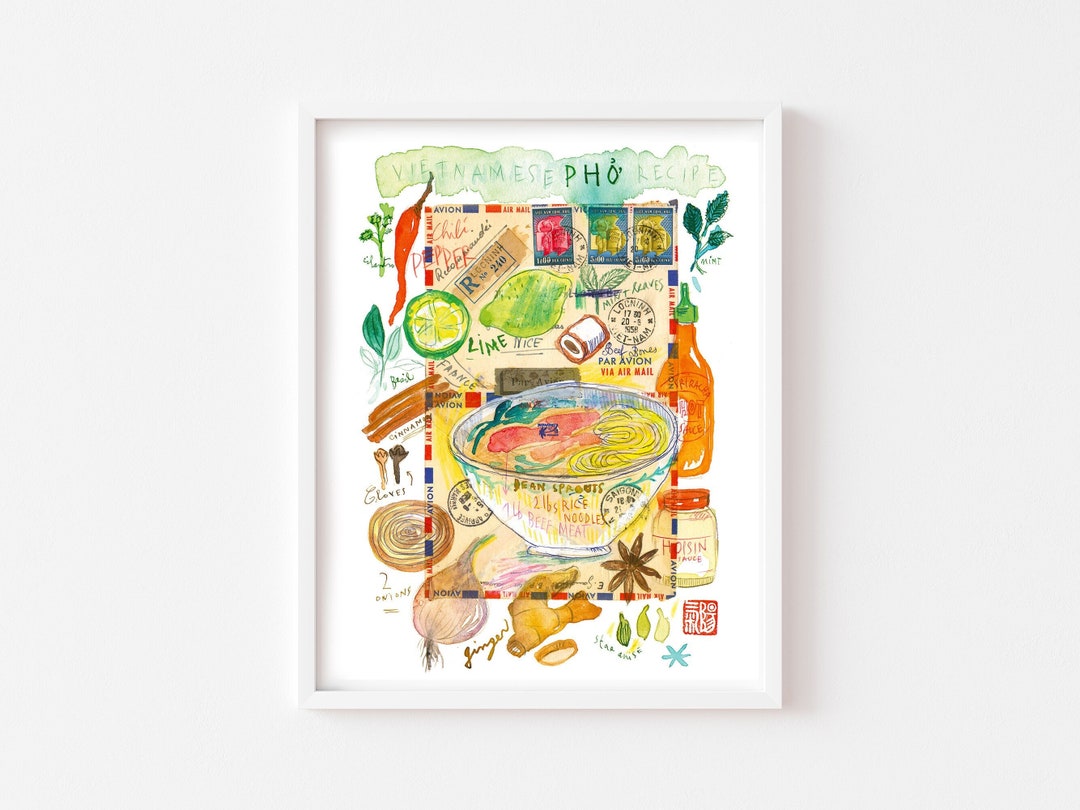 Vietnamese Pho Recipe Poster, Watercolor Print of Aromatic Rice Noodle ...