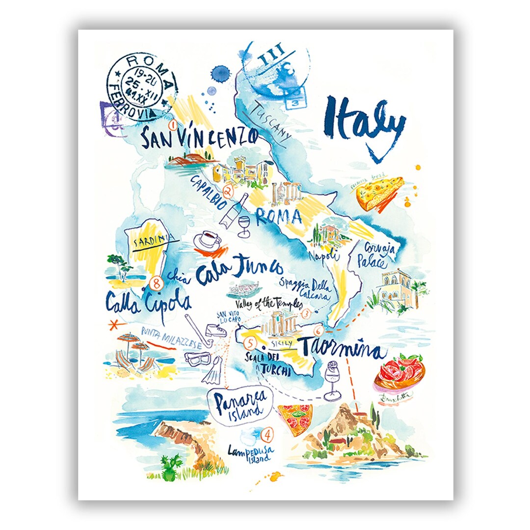 Italy Watercolor Map Fine Art Poster, Italian Landscapes Painting ...