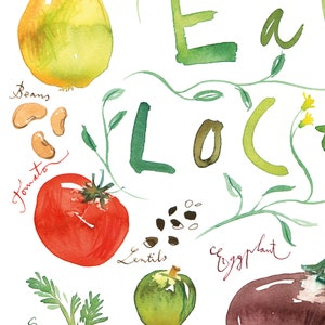 Eat Local Kitchen Art Print, Vegetable Fruit Poster, Colorful Kitchen ...