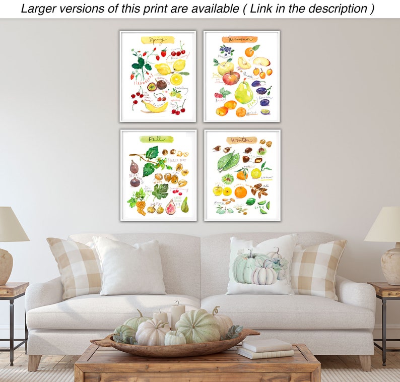 Set of 4 Fruit Prints Seasonal Food Poster Watercolor | Etsy