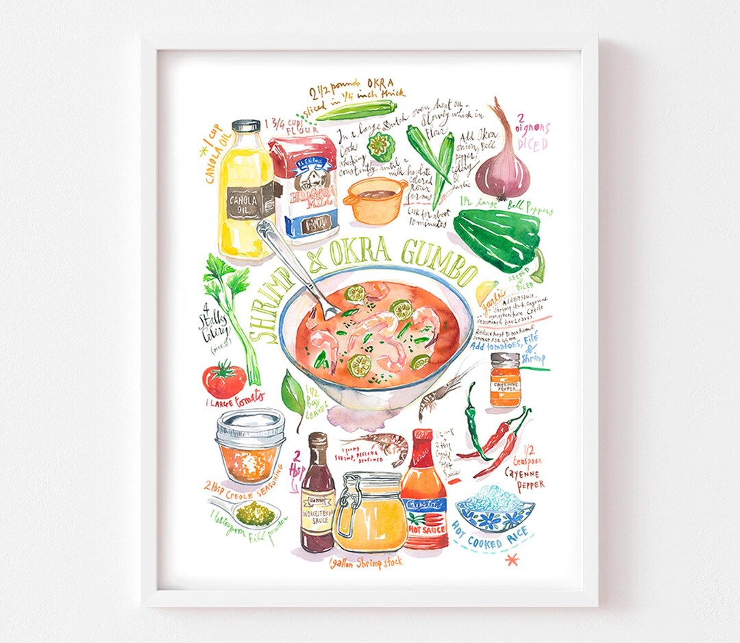 Gumbo Recipe Watercolor Print: Cajun Kitchen Wall Art, Creole Food ...