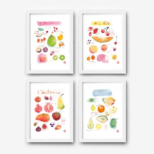 Set of 4 Watercolor Fruit Prints, Seasonal Fruit Posters, Kitchen Print ...