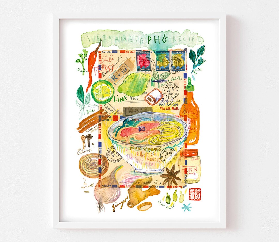 Vietnamese Pho Recipe Fine Art Print, Watercolor Food Painting ...