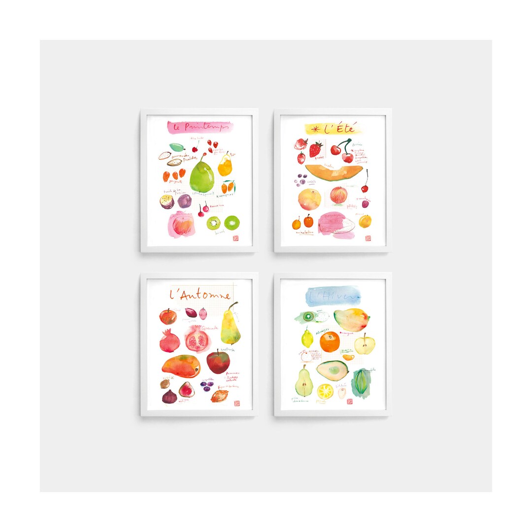 Set of 4 Watercolor Fruit Prints, Seasonal Fruit Posters, Kitchen Print ...