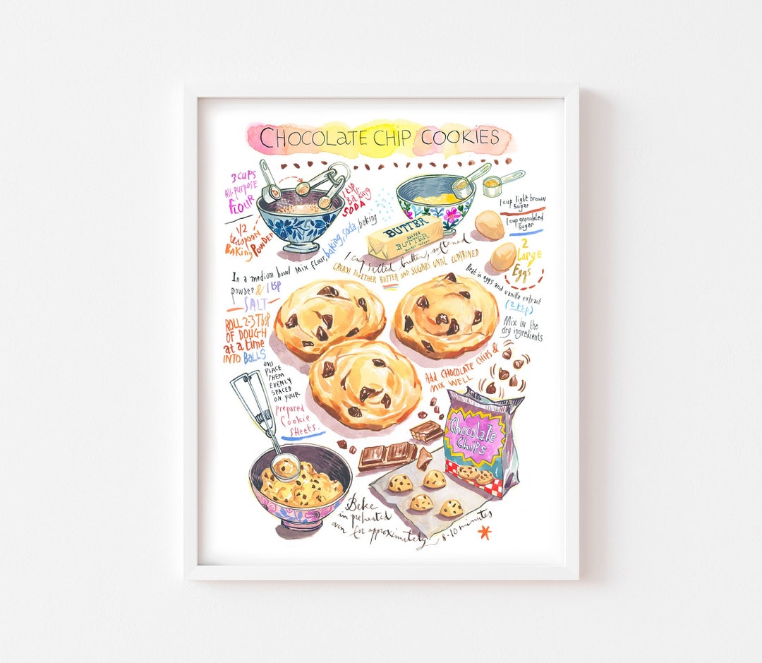 Chocolate Chip Cookie Recipe Poster, Watercolor Bakery Print, Kitchen ...