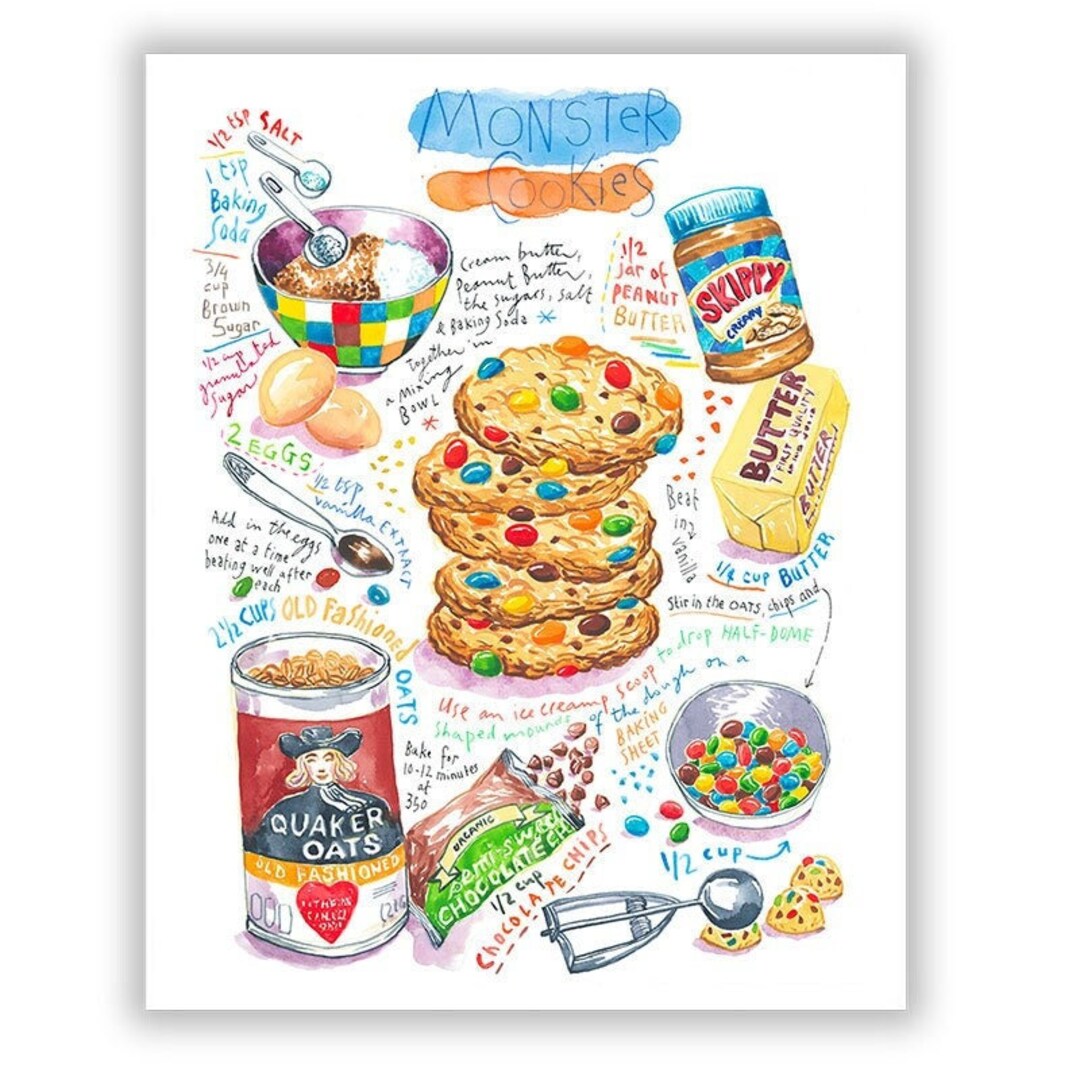 Monster Cookie Recipe Poster, Watercolor Painting, Colorful Kitchen ...