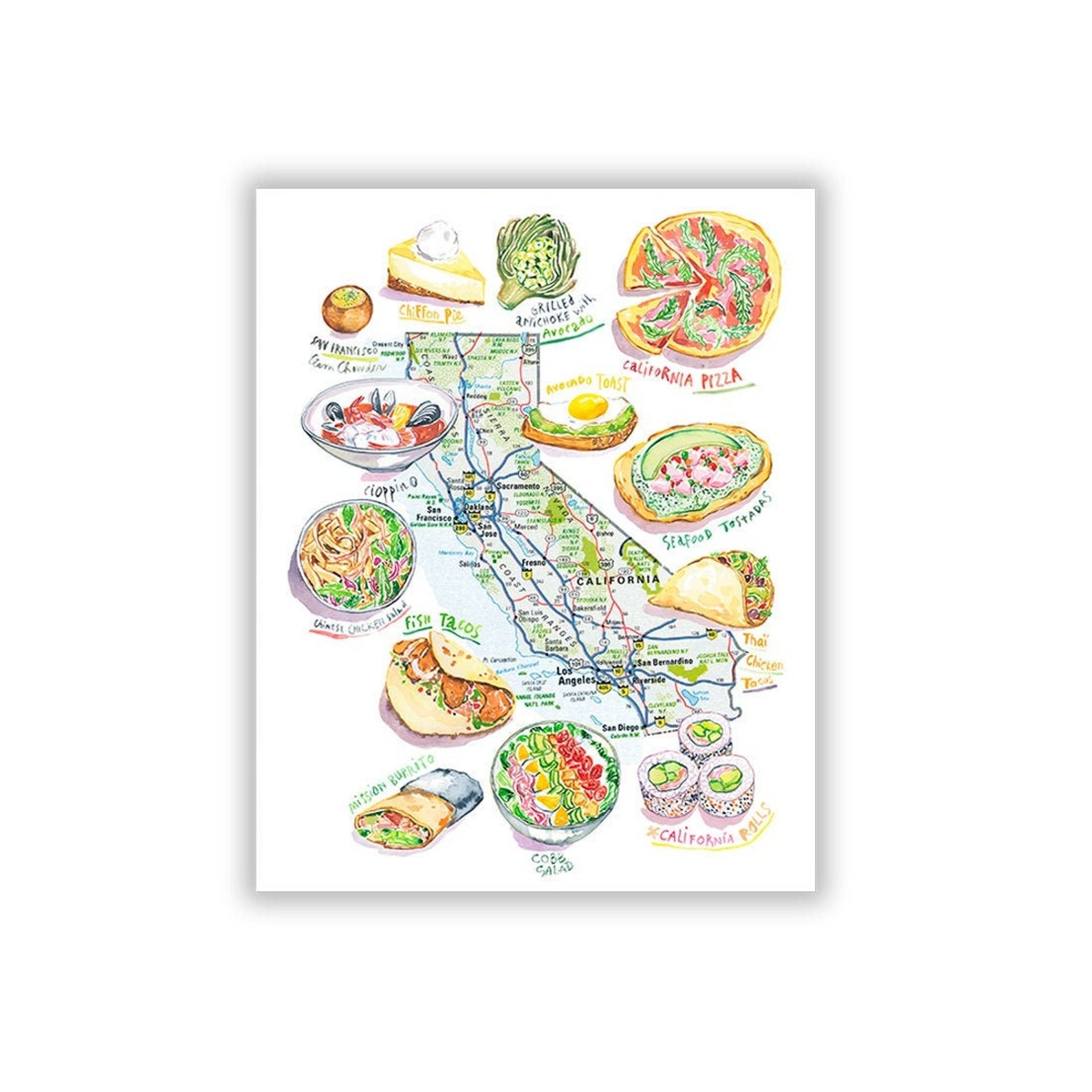 California Food Map Golden State Print West Coast Cuisine - Etsy
