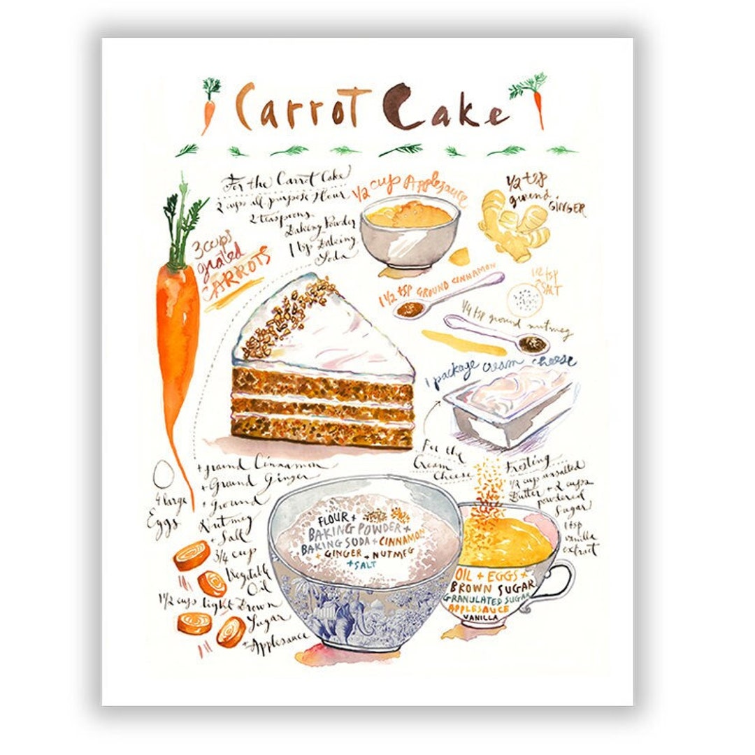 Carrot Cake Recipe Poster, Kitchen Decor, Food Illustration Print ...
