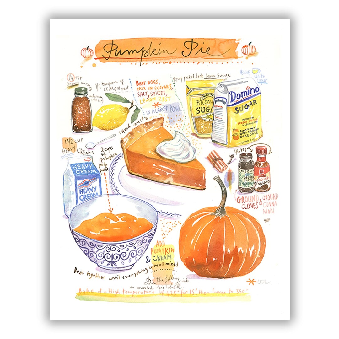La tarte au potiron, Recette illustrée dessert américain, Aquarelle ...