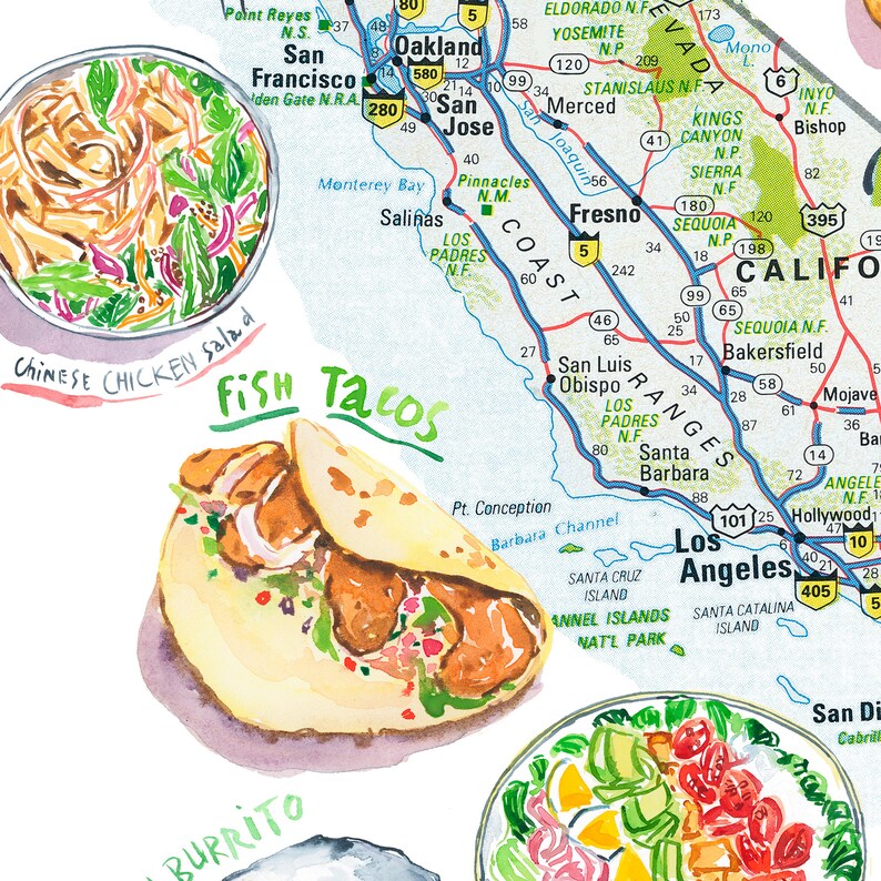 California Food Map Golden State Print West Coast Cuisine - Etsy