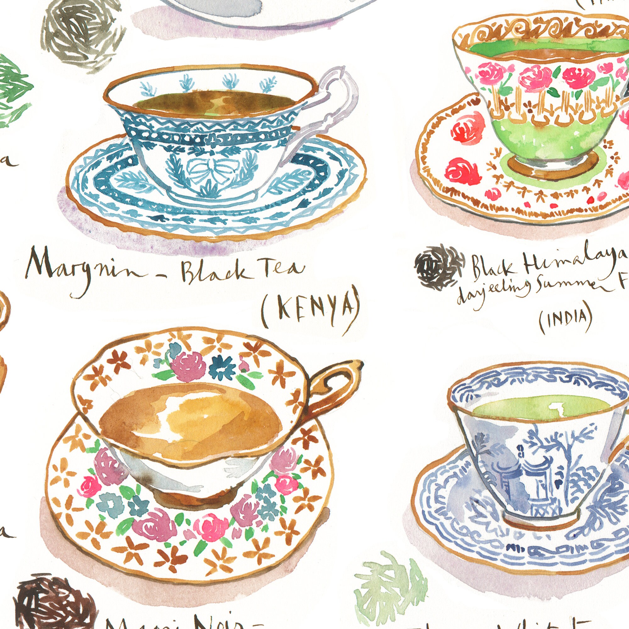 Aquarelle variétés de thés Illustration thé Tasses à thé | Etsy