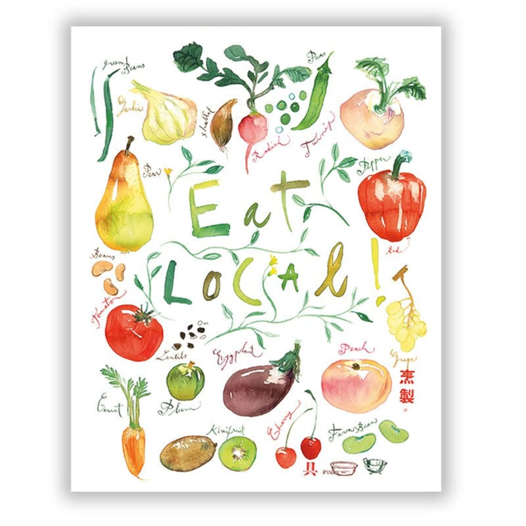 Eat Local Kitchen Art Print, Vegetable Fruit Poster, Colorful Kitchen ...