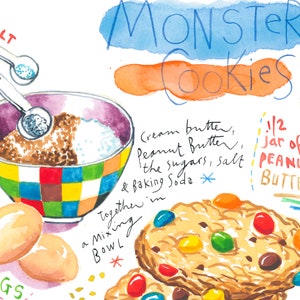 Monster Cookie Recipe Poster, Watercolor Painting, Colorful Kitchen ...