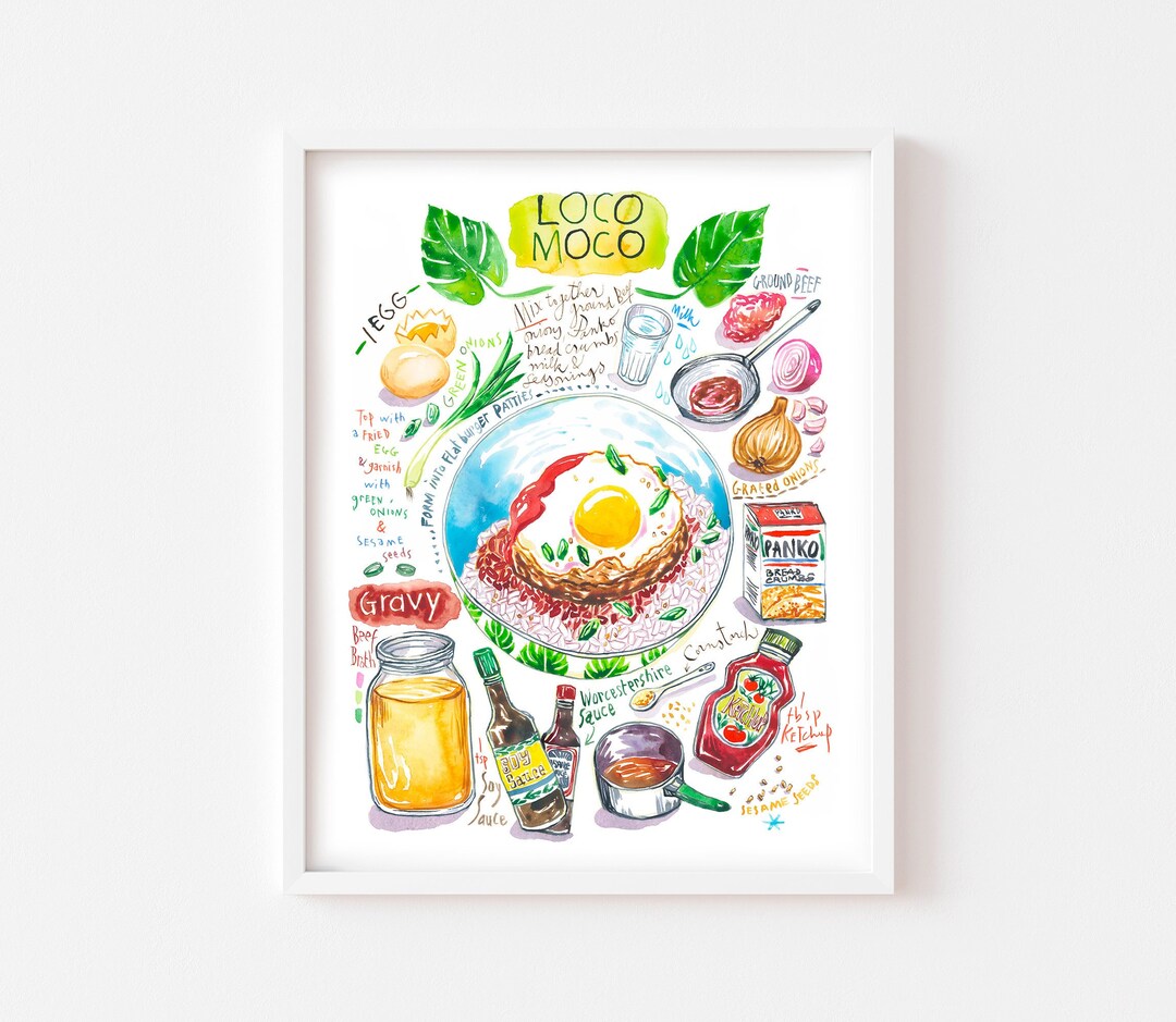 Loco Moco Recipe Fine Art Print, Watercolor Painting, Hawaiian Food Artwork, Colorful Kitchen ...