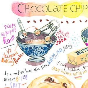 Chocolate Chip Cookie Recipe Poster, Watercolor Bakery Print, Kitchen ...