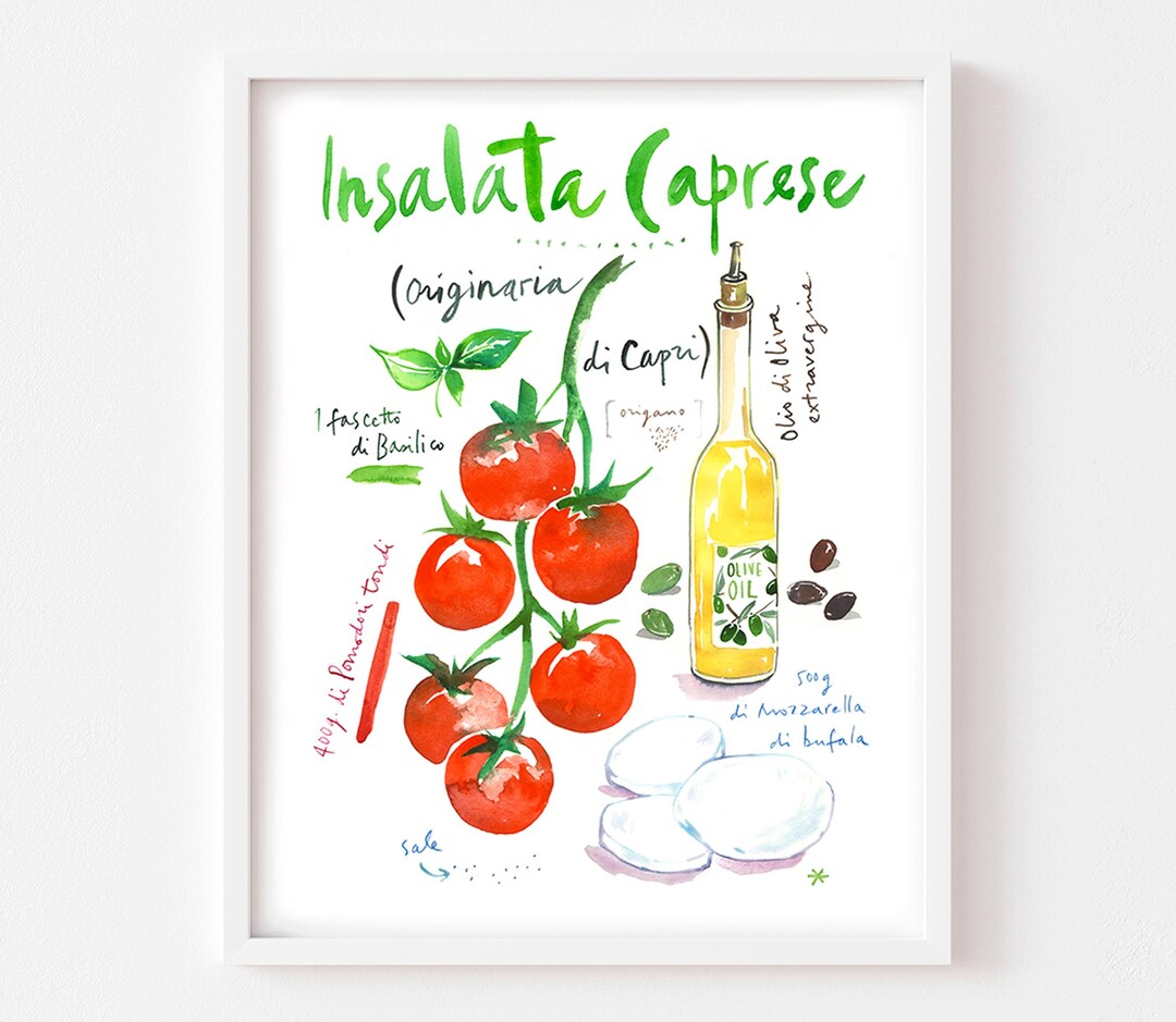 Caprese Salad Recipe Fine Art Print, Watercolor Food, Colorful Kitchen ...