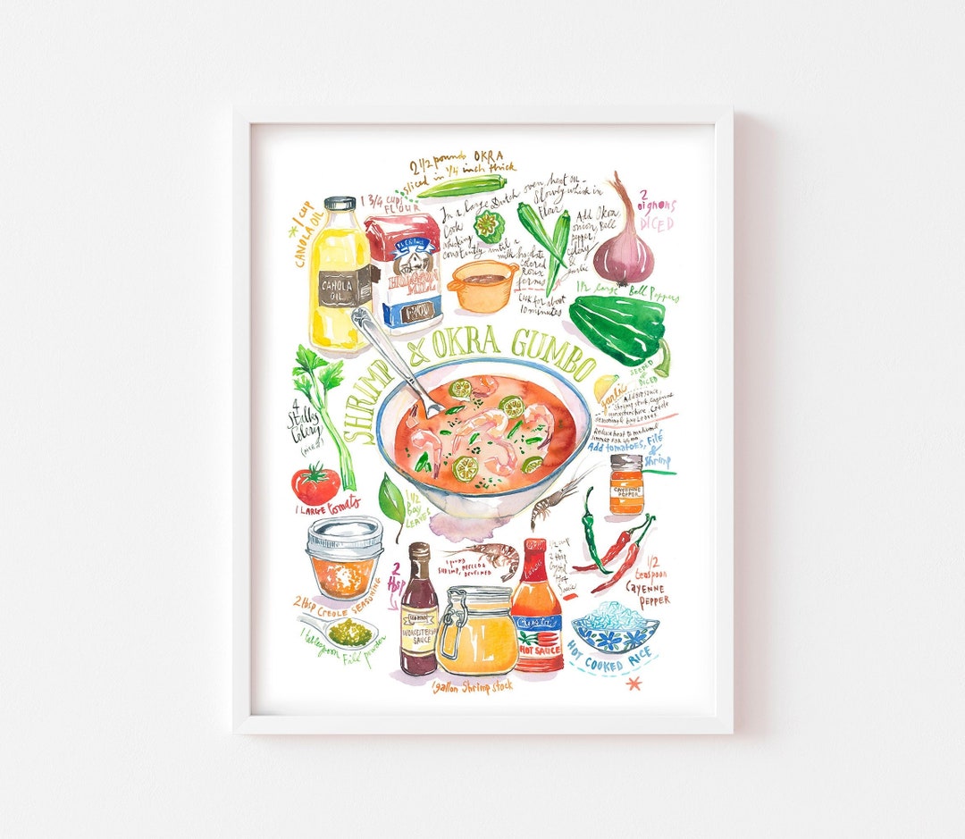 Gumbo Recipe Print, Cajun Cuisine Poster, Watercolor Painting, Creole ...