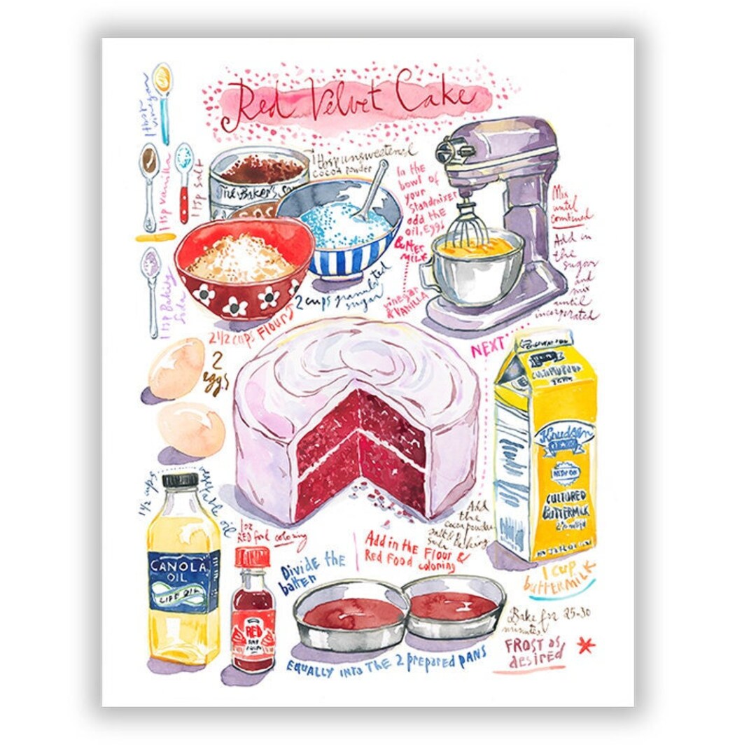 Red Velvet Cake Recipe Print, Watercolor Painting, Purple Kitchen Art ...