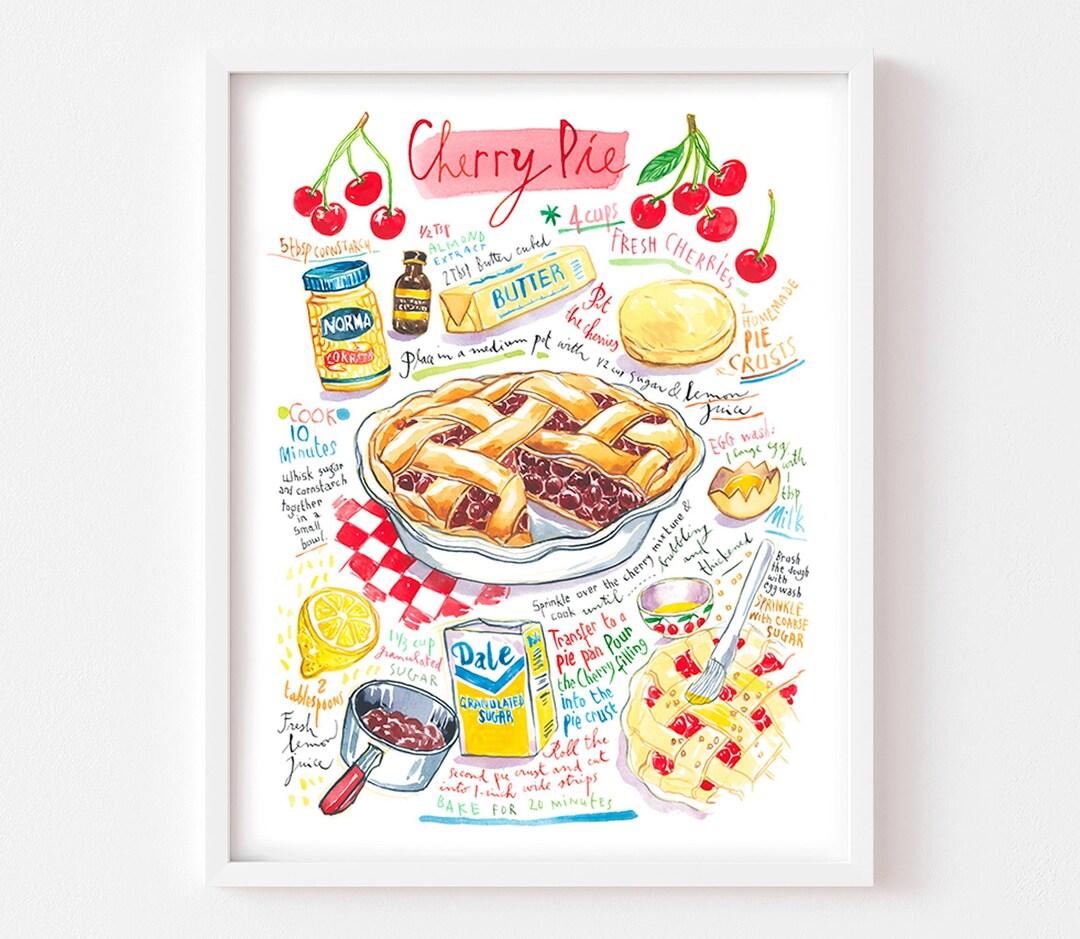 Cherry Pie Recipe Print, Watercolor Painting, Colorful Kitchen Art ...