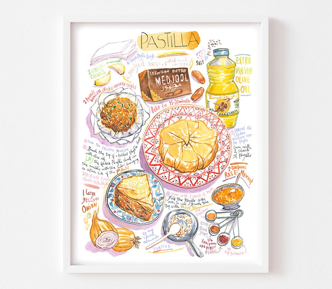 Moroccan Pastilla Recipe Fine Art Print, Chicken Pie Watercolor ...