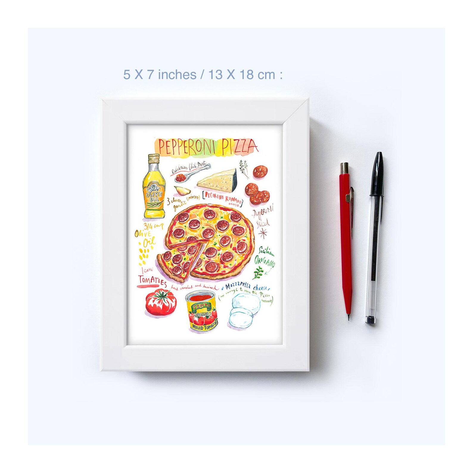 Pepperoni Pizza Recipe Art Print: Watercolor Italian-american Food ...