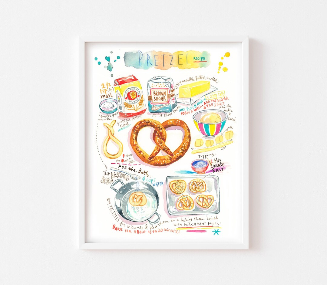 Pretzel Recipe Fine Art Print, Watercolor Painting, German Food Artwork ...