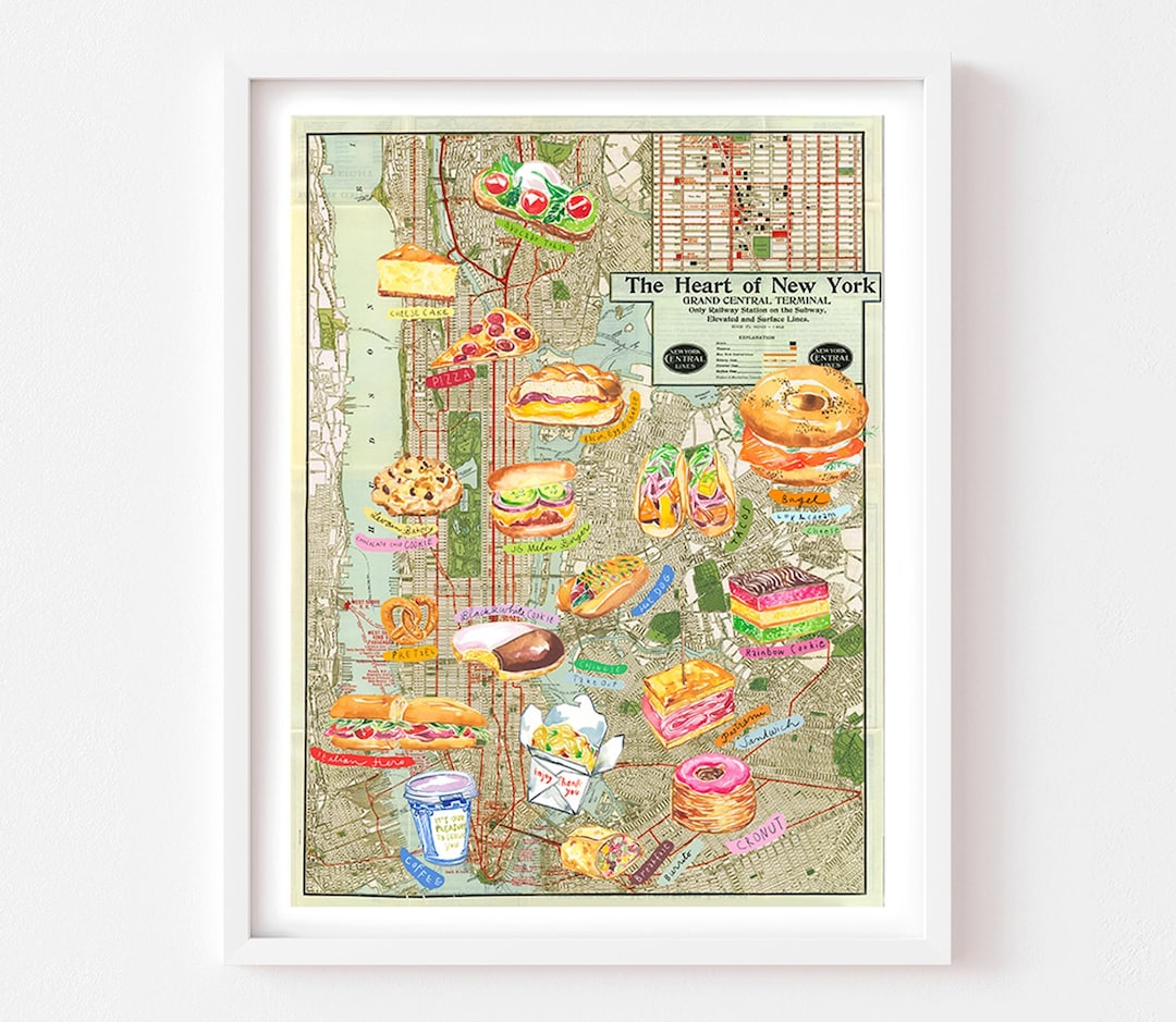 New York City Food Map Art Print: Watercolor Manhattan Cuisine Painted ...