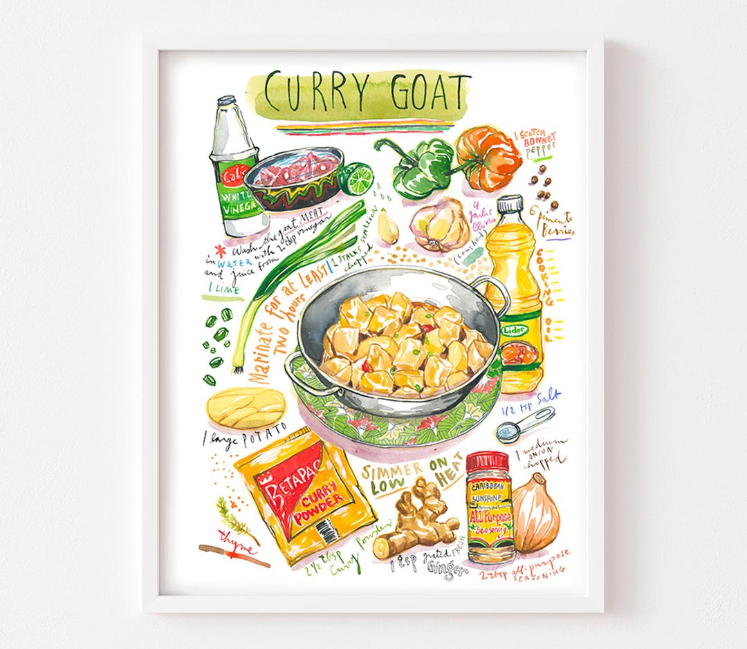 Jamaican Curry Goat Recipe Art Print: Caribbean Kitchen Wall Decor - Etsy