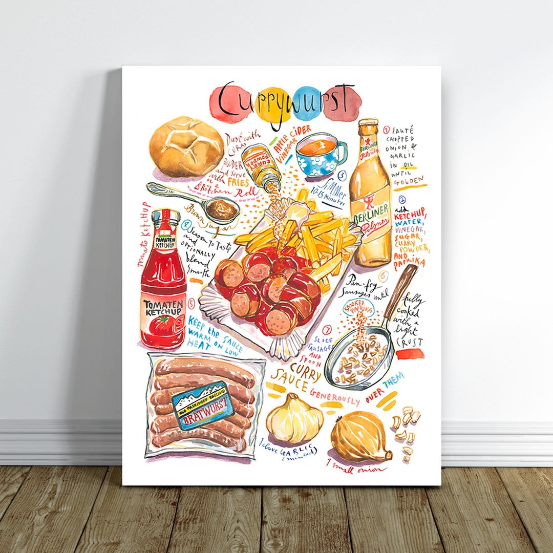 Currywurst Recipe Watercolor Art Print: German Kitchen Decor, Berlin ...