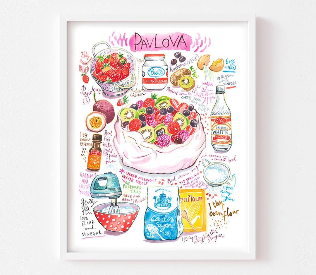 Australian Pavlova Recipe Fine Art Print, Watercolor Painting, Colorful ...