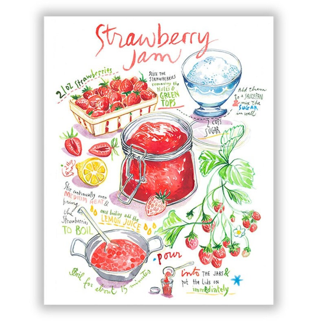 Strawberry Jam Recipe Print, Summer Fruit Jelly Watercolor Painting ...