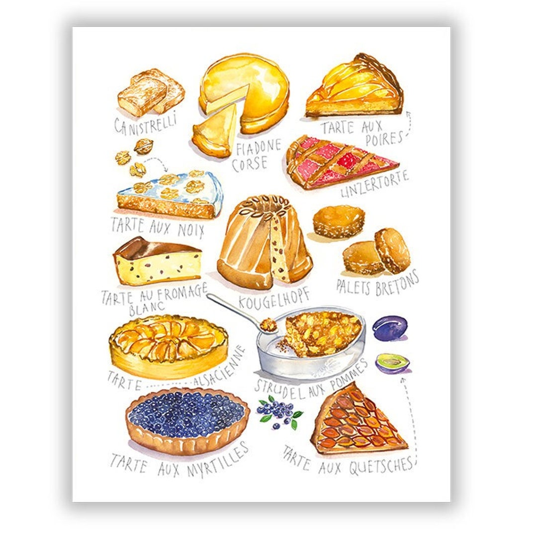French Cake Poster, Watercolor Painting, France Kitchen Decor, Bakery ...