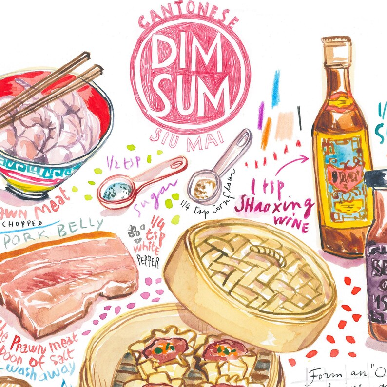 Dim Sum Recipe Art Print: Watercolor Chinese Dumplings, Asian Kitchen ...