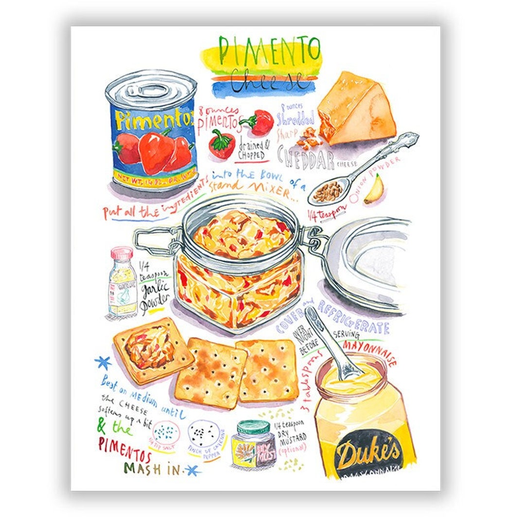 Pimento Cheese Recipe Print, Southern Cuisine Poster, Colorful Kitchen ...