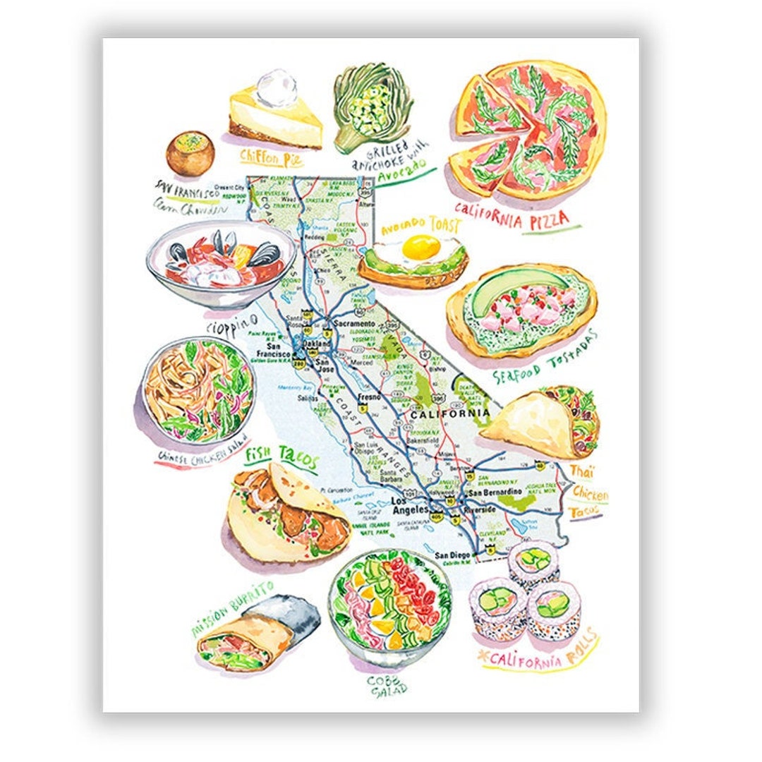 California Food Map, Golden State Print, West Coast Cuisine Poster ...