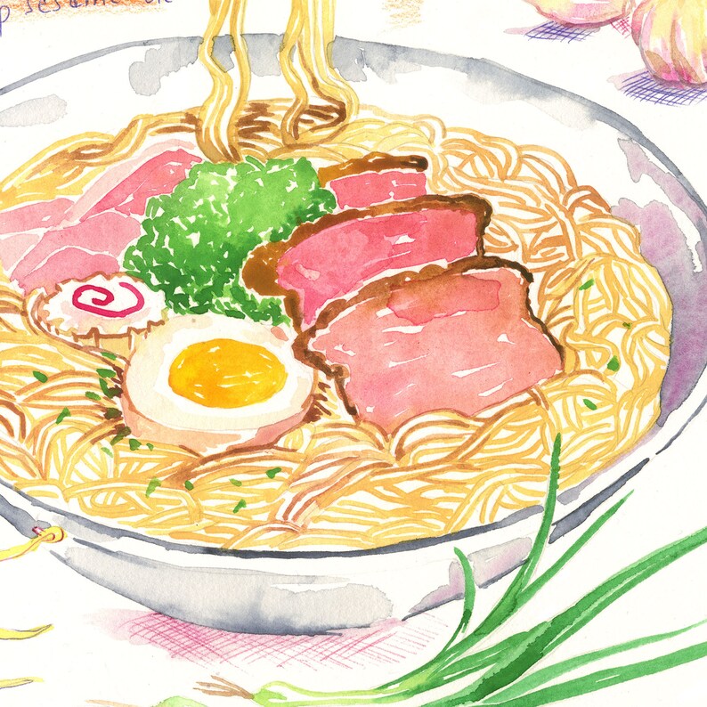Ramen print Kitchen wall art Illustrated recipe Watercolor | Etsy