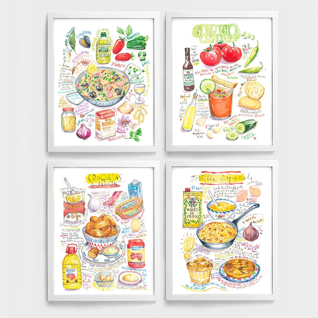 Spanish Food Print Set of 4 Watercolor Recipes, Paella, Tortilla ...