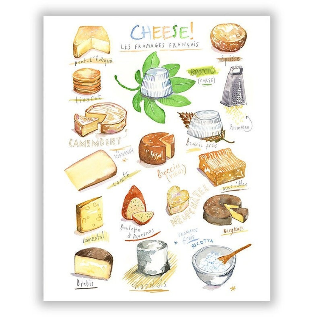 Cheese Watercolor Poster, French Cuisine Print, European Kitchen Wall ...