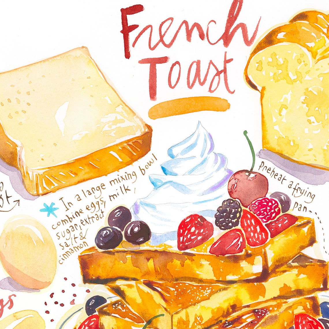 Recette du pain perdu Illustration aquarelle Affiche | Etsy