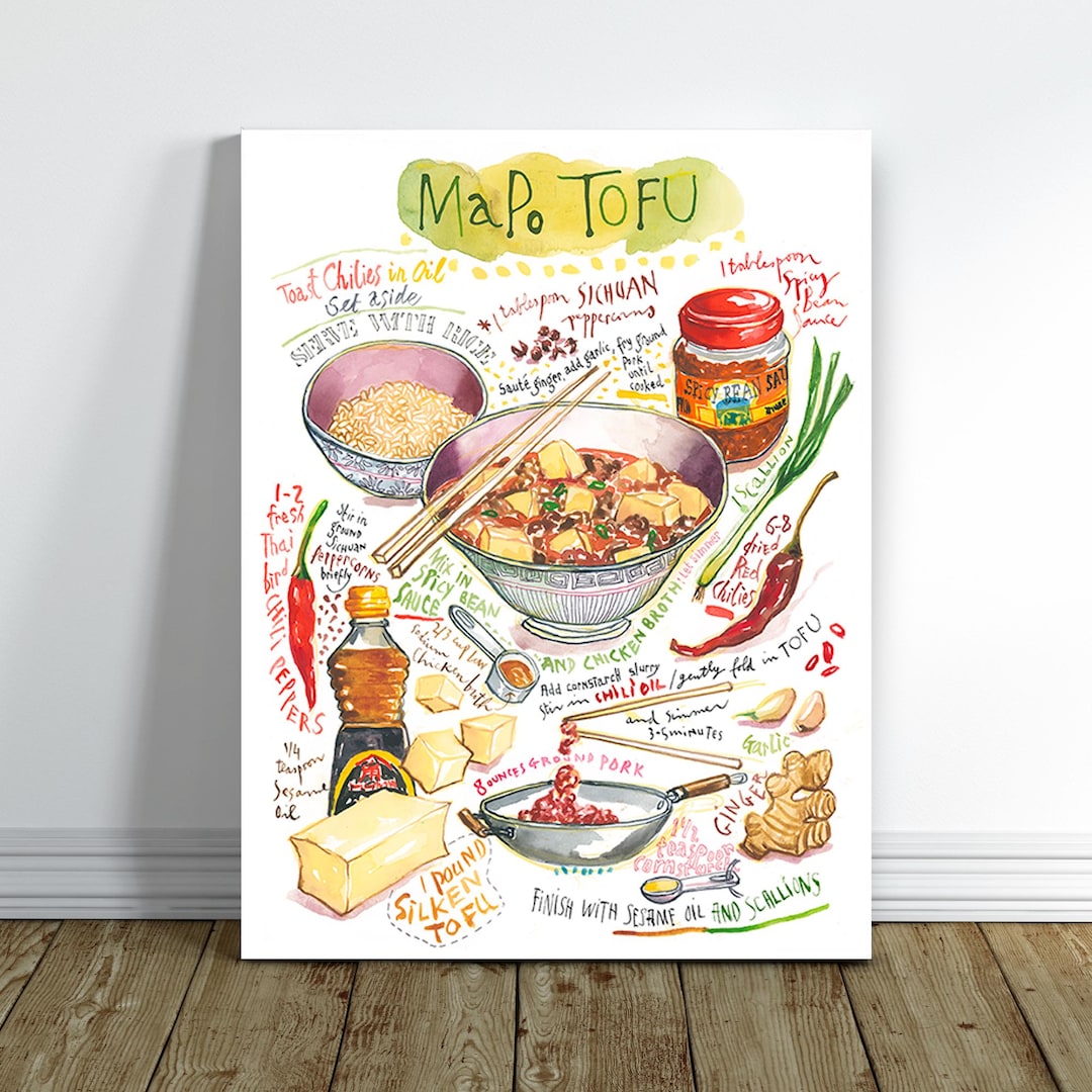 Mapo Tofu Recipe Watercolor Art Print: Sichuan Cuisine Kitchen Decor ...