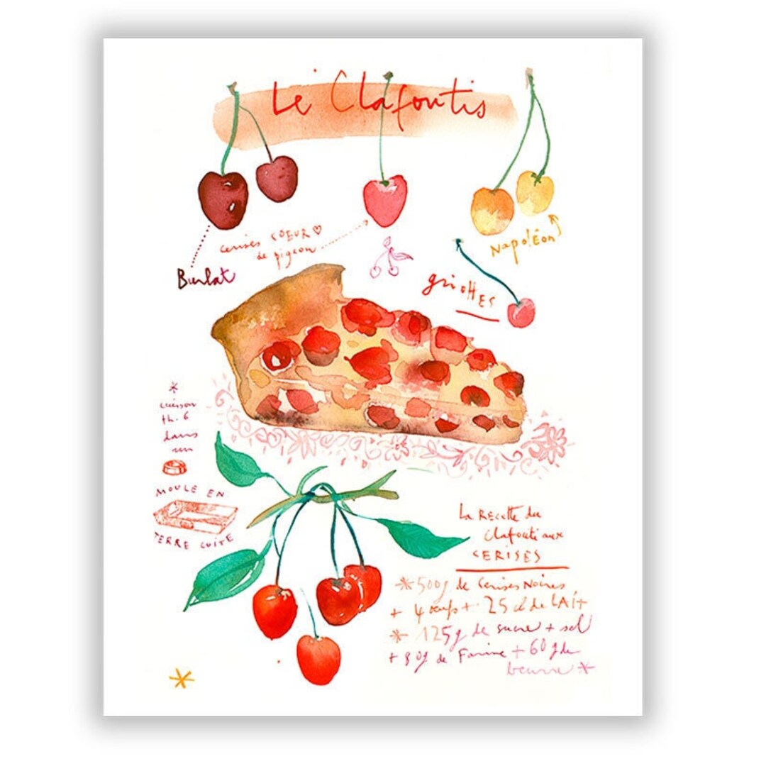 French Cherry Pie Poster, Illustrated Recipe Print, French Kitchen ...