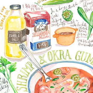 Gumbo Recipe Watercolor Print: Cajun Kitchen Wall Art, Creole Food ...