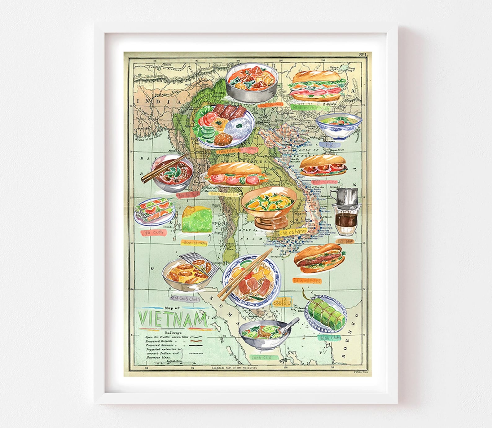 Vietnam Food Map Art Print: Watercolor Asian Cuisine Kitchen Decor - Etsy