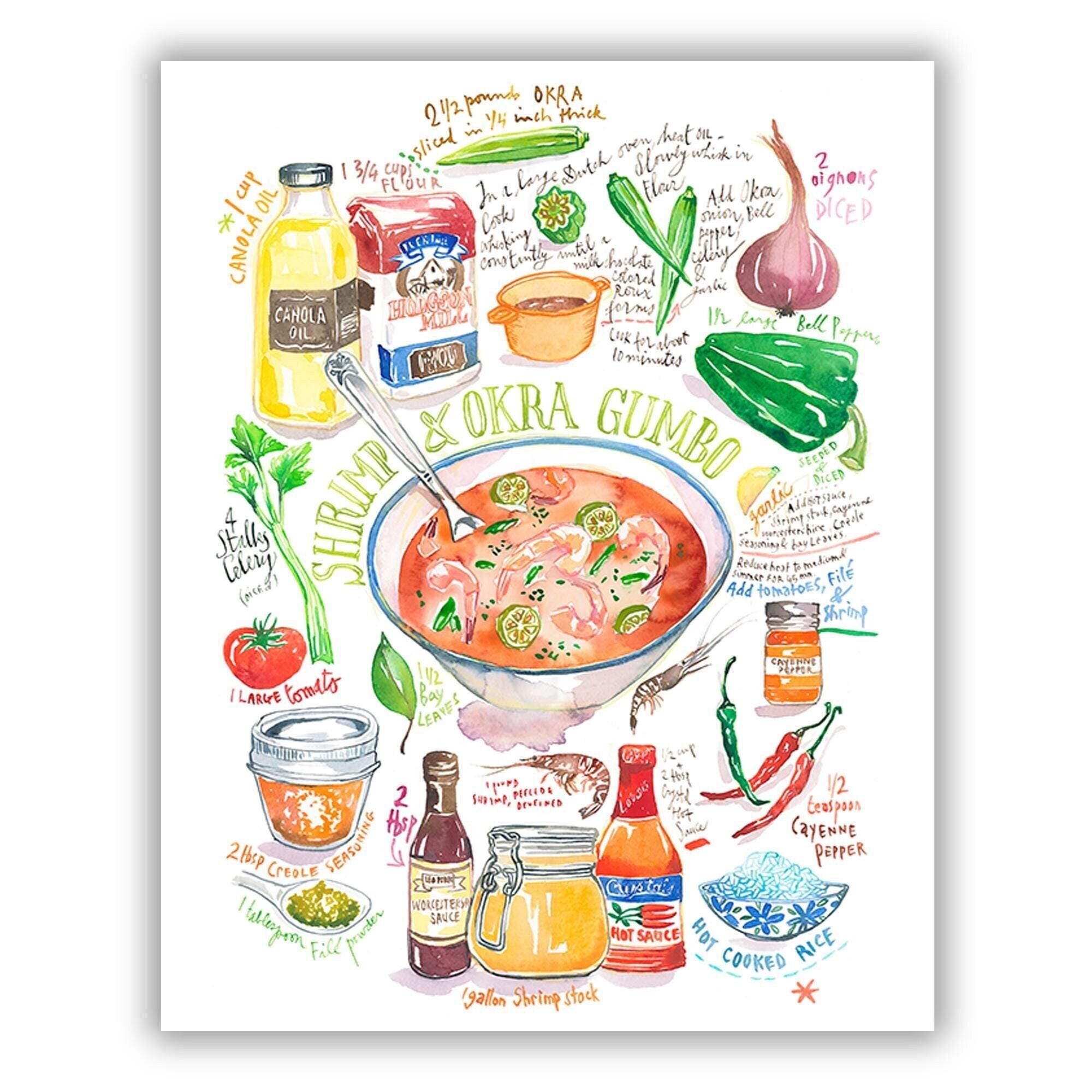 Gumbo Recipe Watercolor Print: Cajun Kitchen Wall Art, Creole Food ...