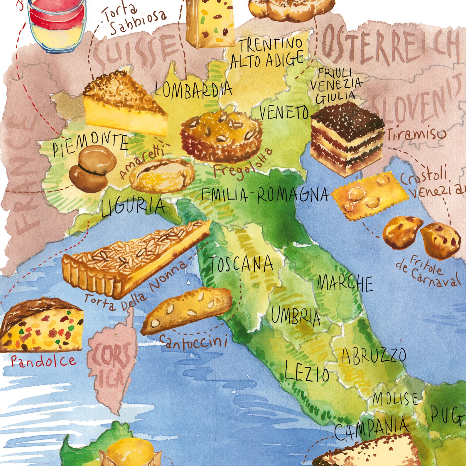Italian Wall Art Watercolor Desserts on Illustrated Map of - Etsy