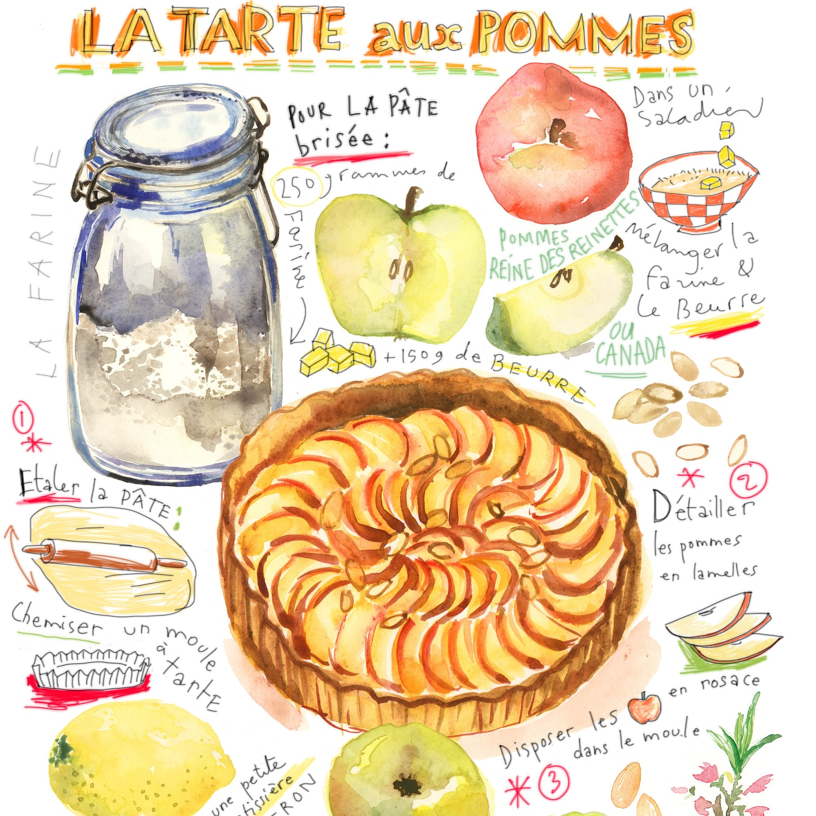 Recette illustrée Tarte aux pommes Illustration aquarelle - Etsy France