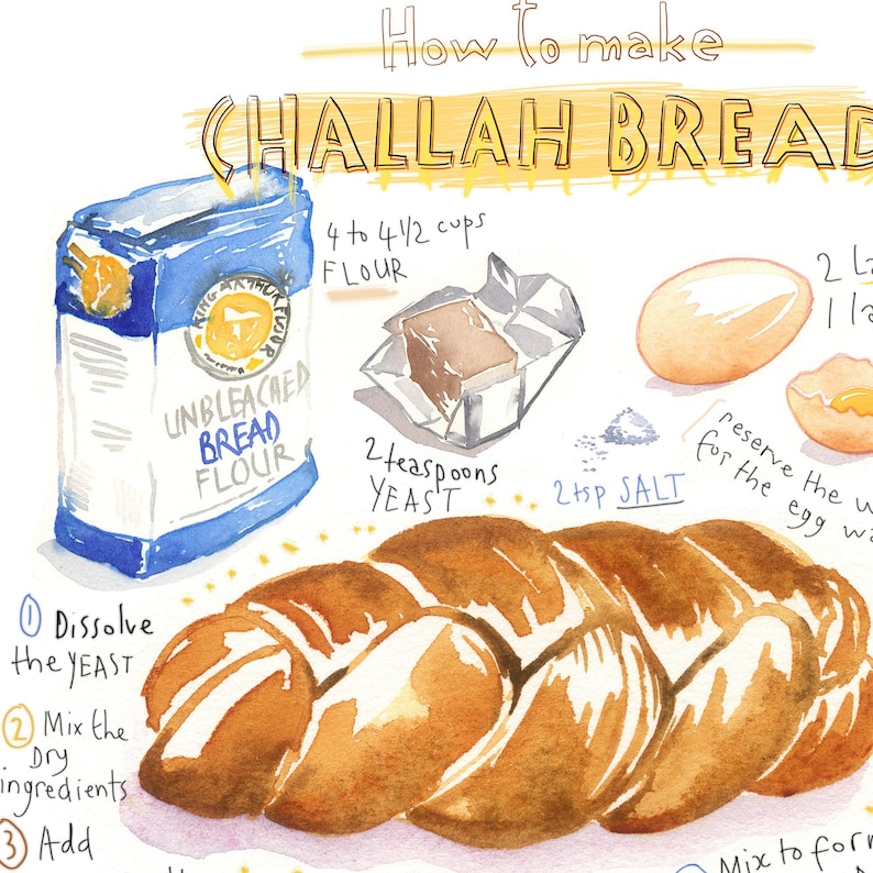 Challah Bread Recipe Art Print: Watercolor Jewish Kitchen Decor - Etsy ...