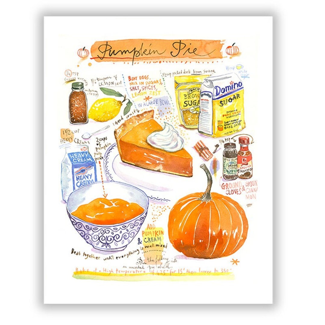 Pumpkin Pie Recipe Print, Watercolor Painting, Kitchen Wall Art, Food ...