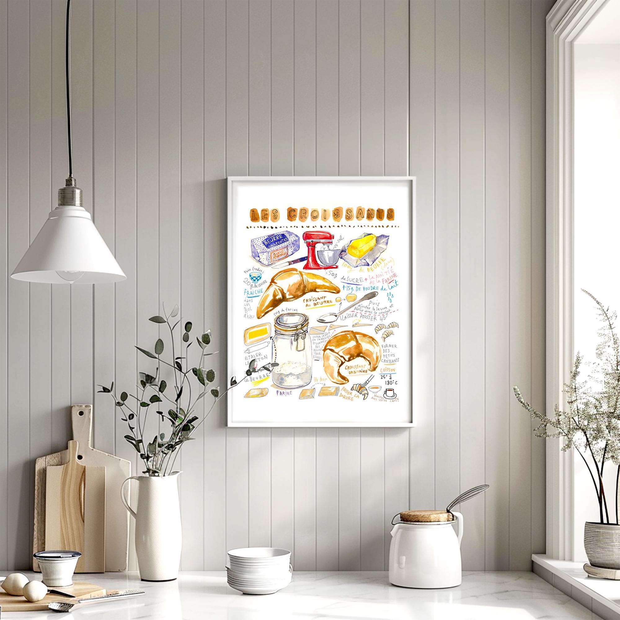 Recette des Croissants, Poster recette dessinée à l'aquarelle, Décor ...