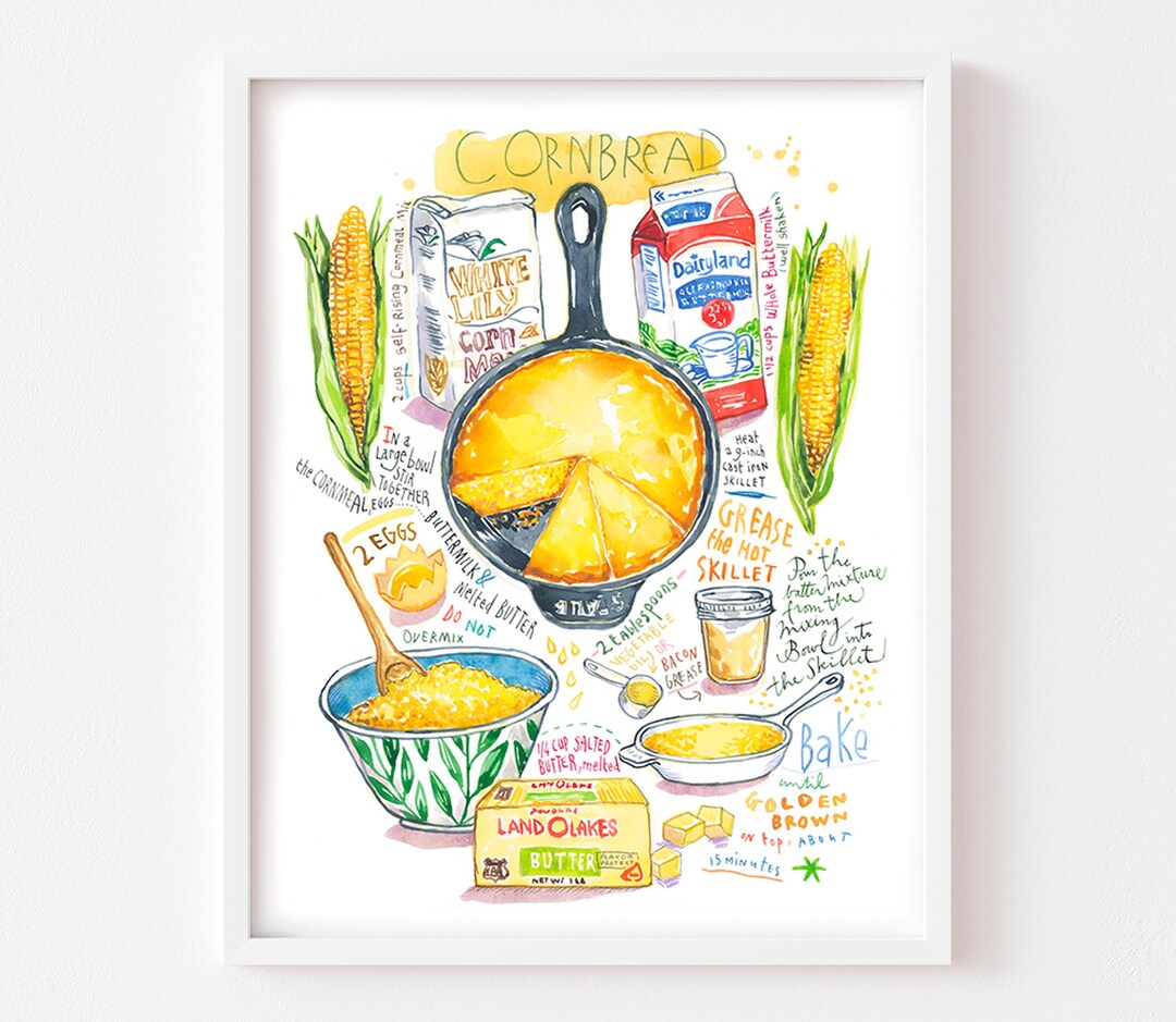 Cornbread Recipe Fine Art Print, Watercolor Painting, Southern Cuisine ...